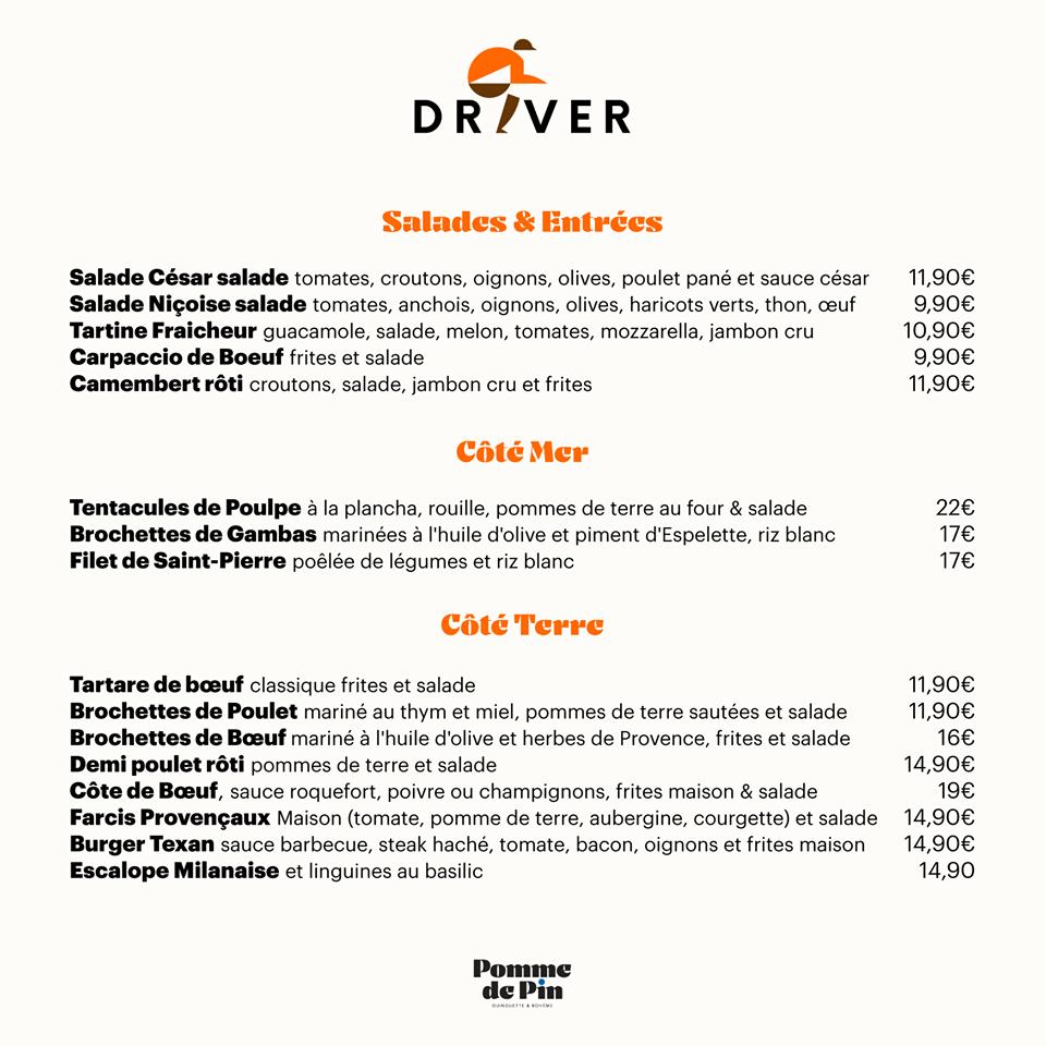 Menu at Le Driver restaurant, Hyères, 269 Rte de Giens