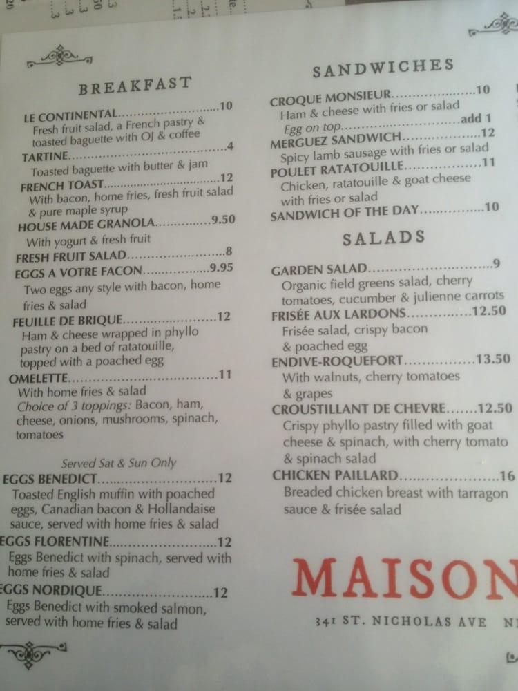 Menu at Maison Harlem restaurant, New York City, 341 St Nicholas Ave