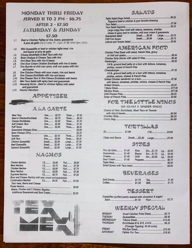 Menu at Nieto's Mexican Restaurant, Malakoff