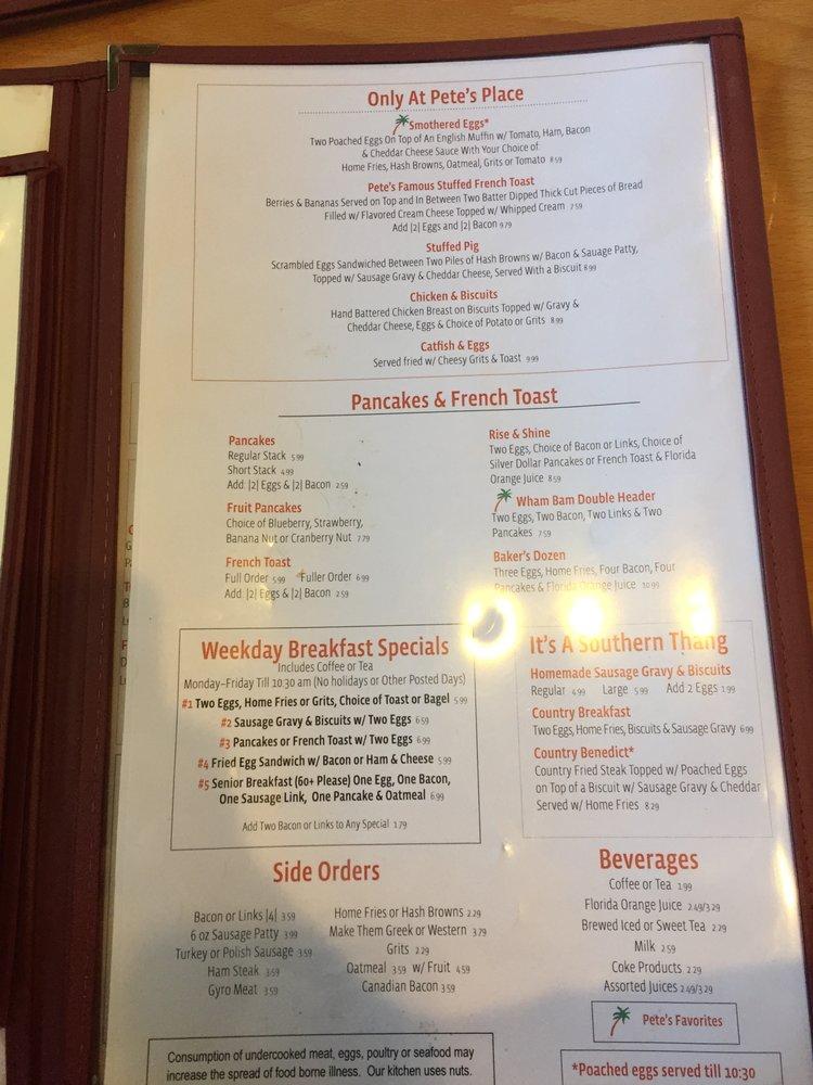Menu at Petes Place Family Restaurant, Coral Springs