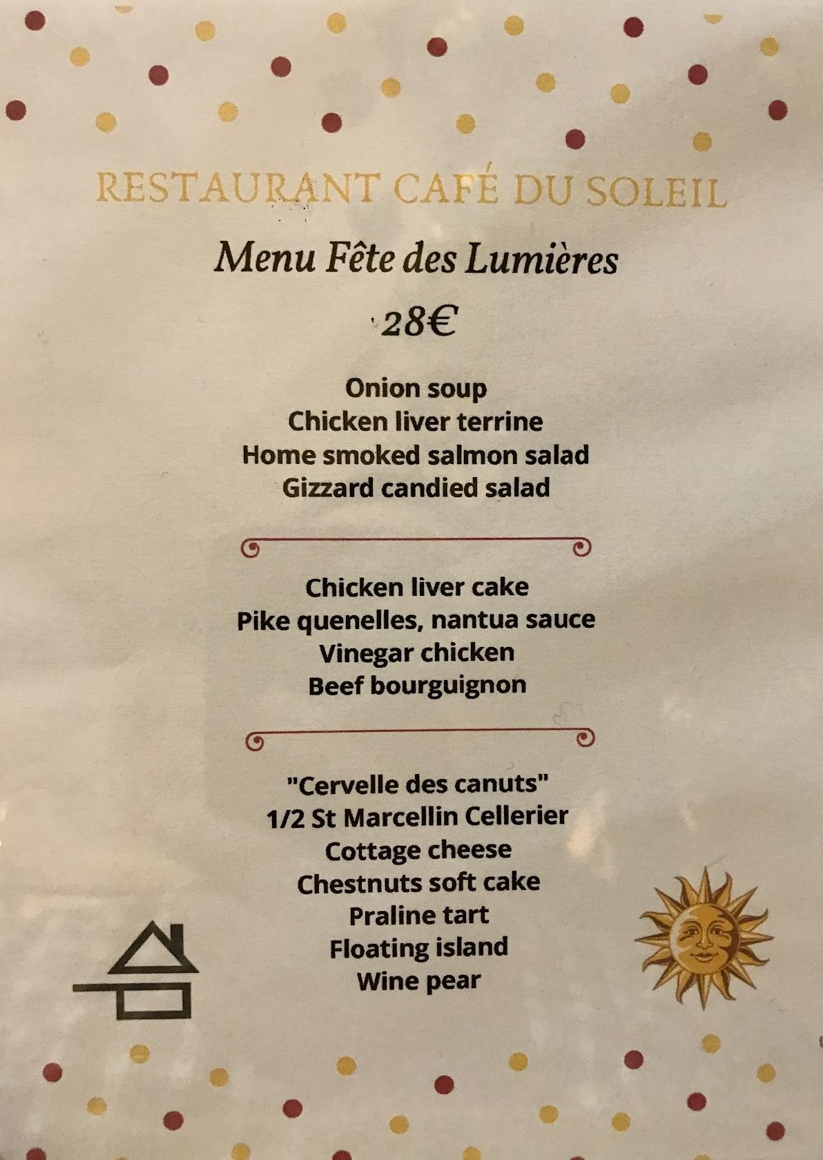 Menu at Restaurant Café du Soleil, Lyon, 2 Rue Saint-Georges