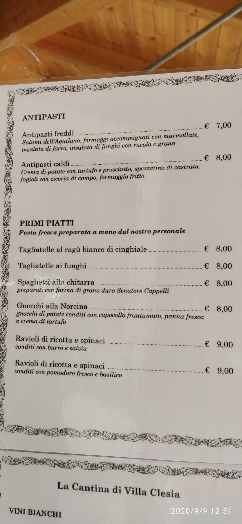 Menu da Ristorante Villa Clesia, Mosciano Sant'Angelo