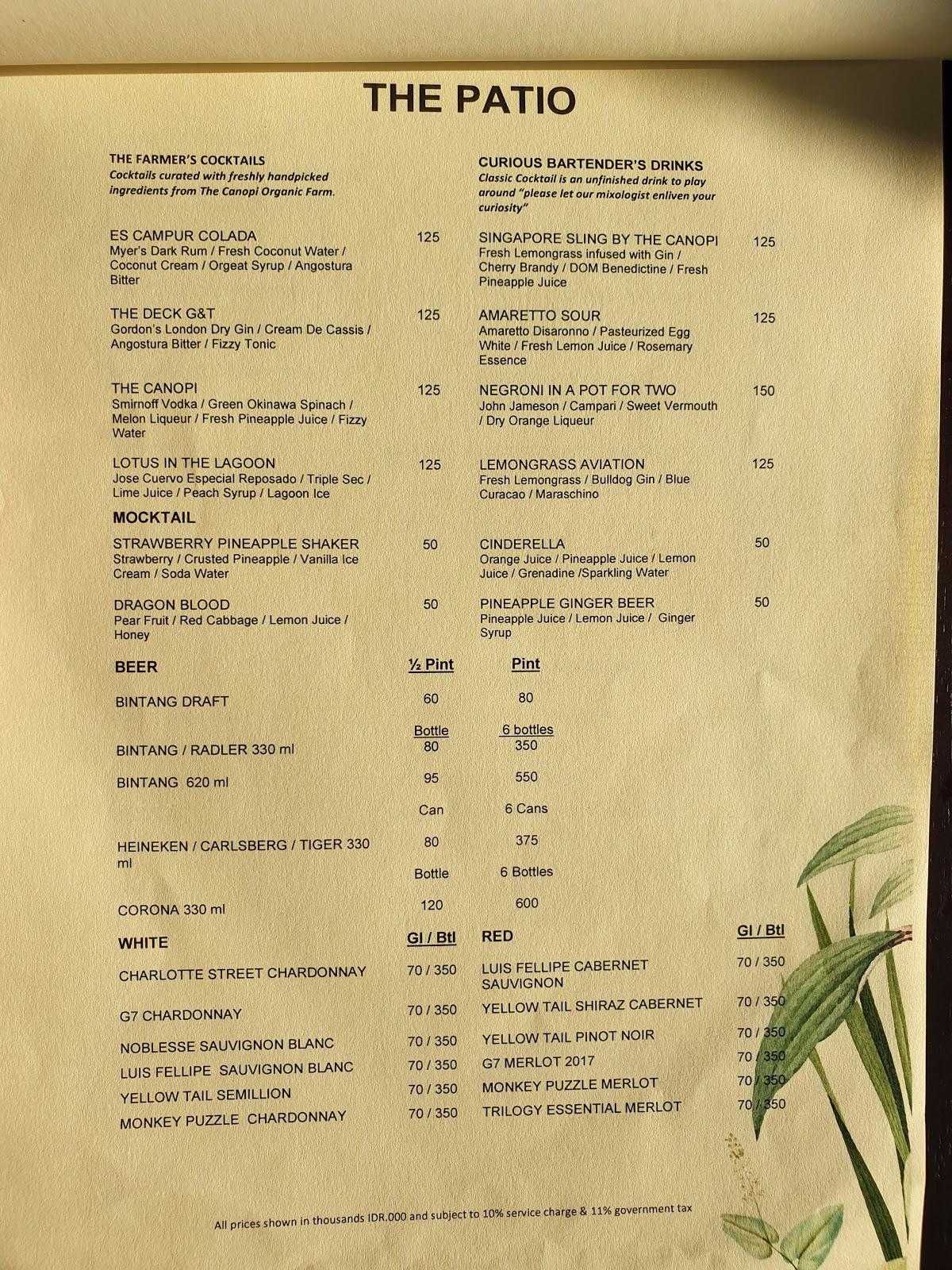 Menu at The Patio Restaurant and Bar, Sebong Lagoi