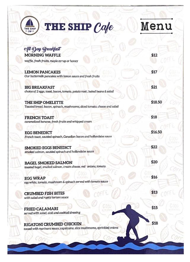 Menu at The Ship Cafe, Orewa