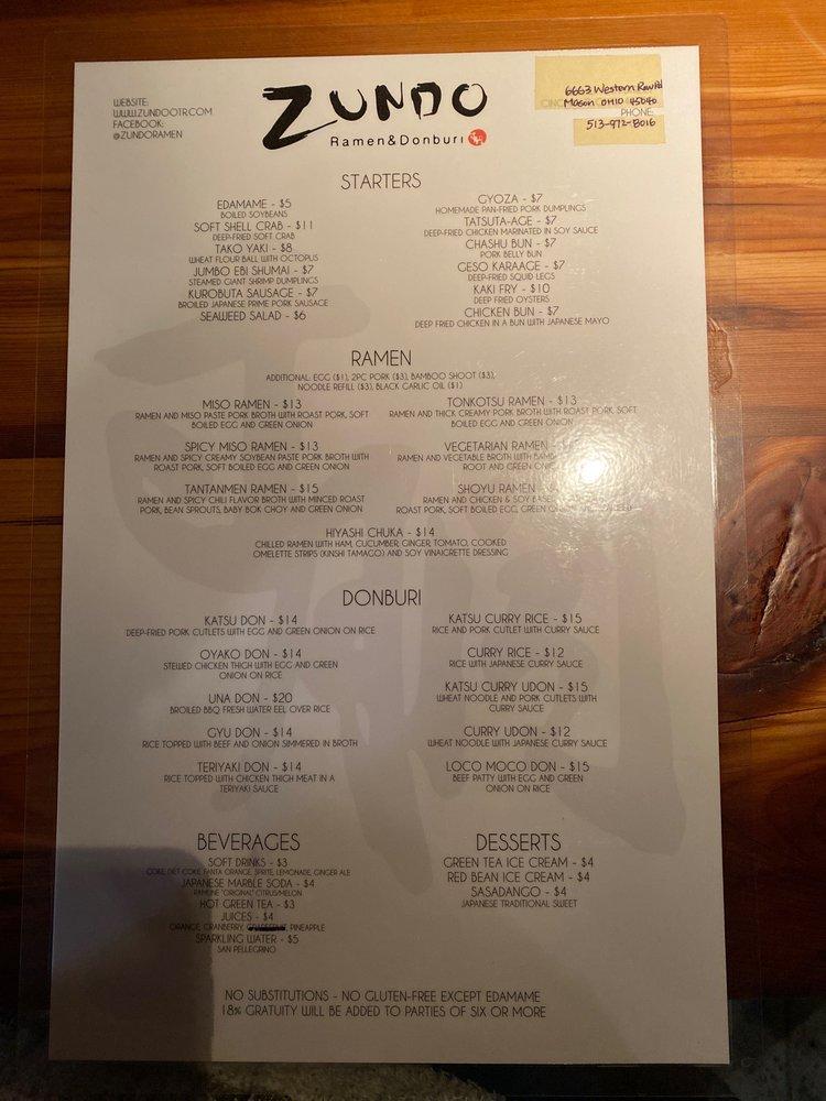 Menu at Zundo Ramen & Donburi Mason restaurant, Mason