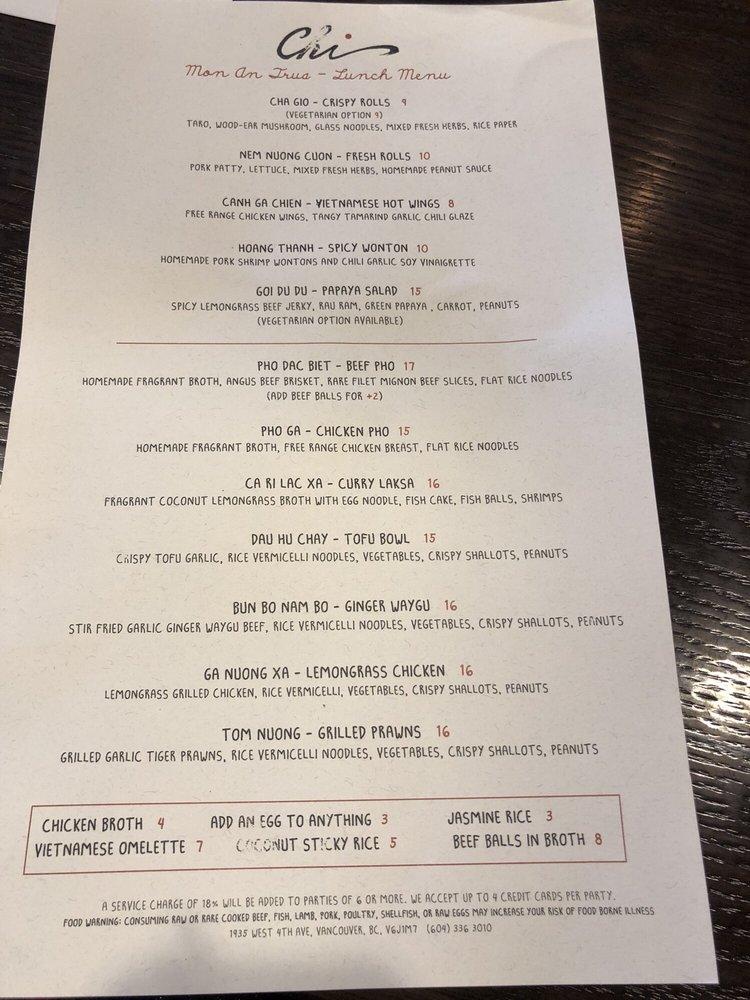 Menu at Chi restaurant, Vancouver, W 4th Ave