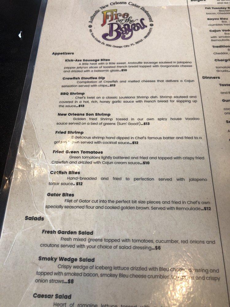 Menu at Fire on the Bayou restaurant, Orange City, 921 Town Center Dr #1100