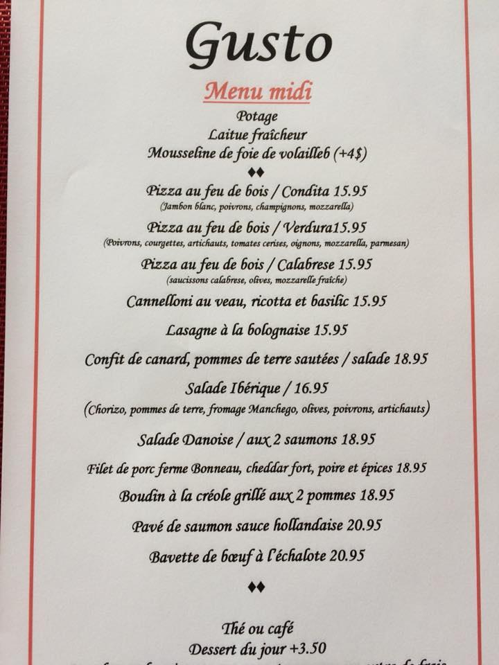 Menu au Gusto Saveurs Authentiques restaurant, Québec