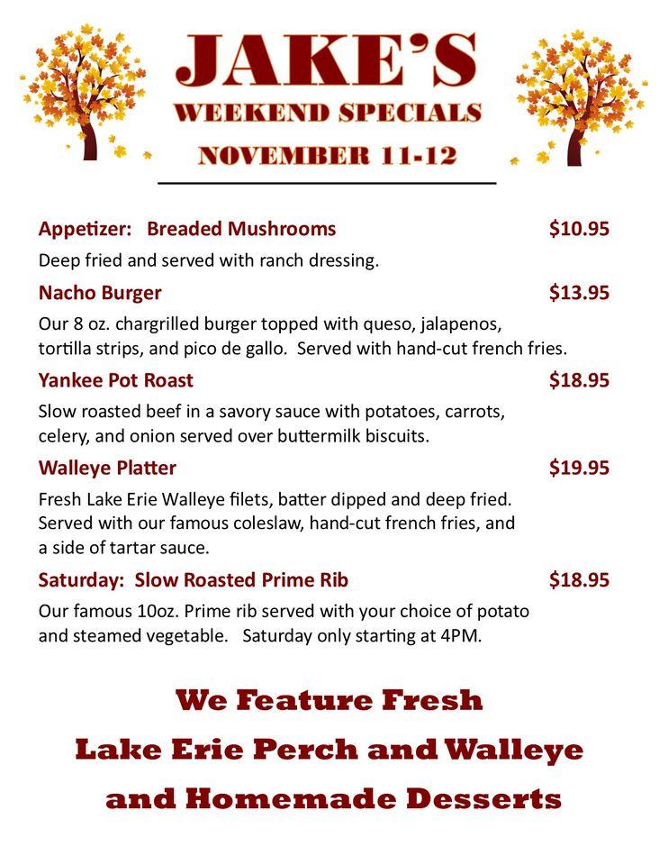 Menu at Jake's On the Lake restaurant, Avon Lake