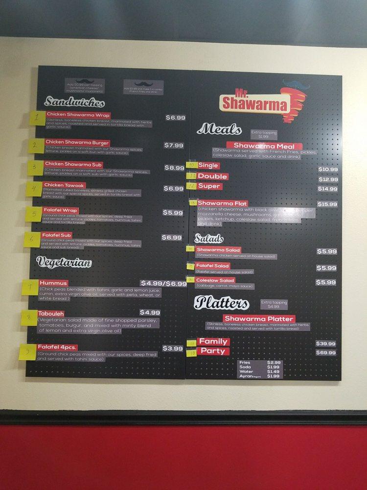 Menu at Mr. Shawarma restaurant, Pensacola
