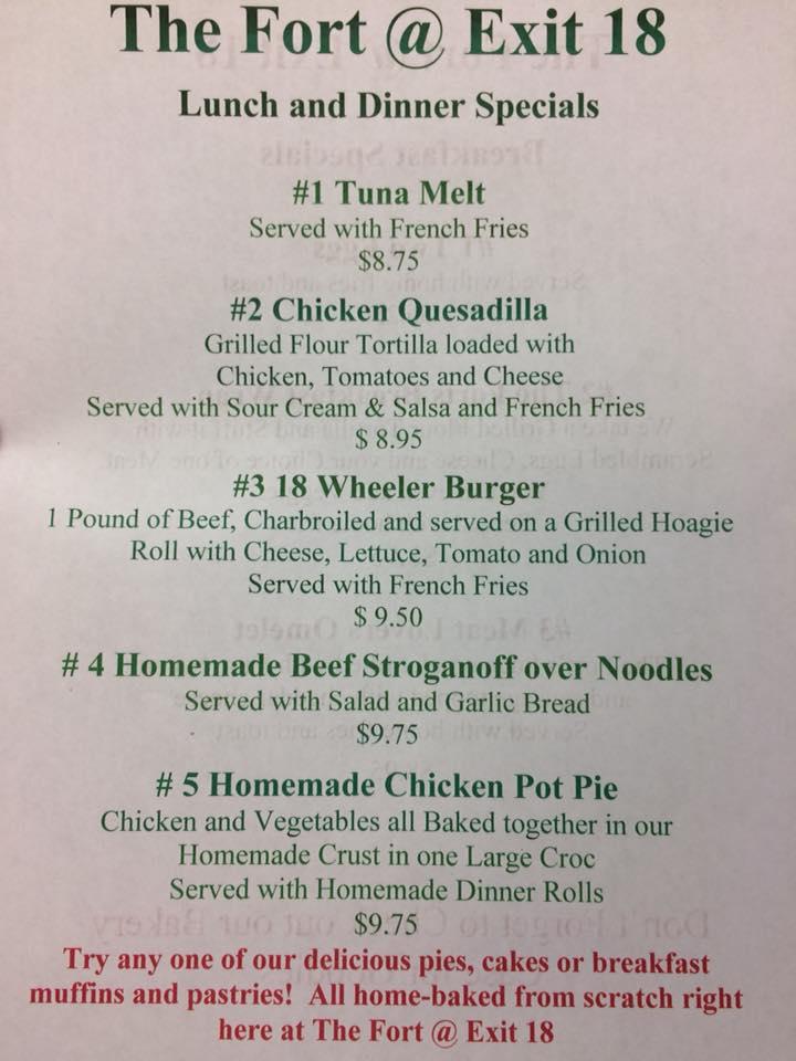 Menu at The Fort at Exit 18 restaurant, Lebanon