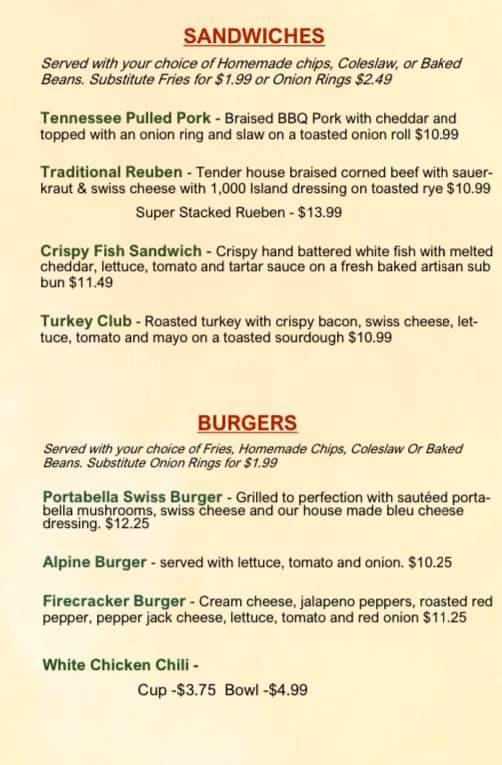 Menu at ALPINE TAVERN & EATERY pub & bar, Gaylord