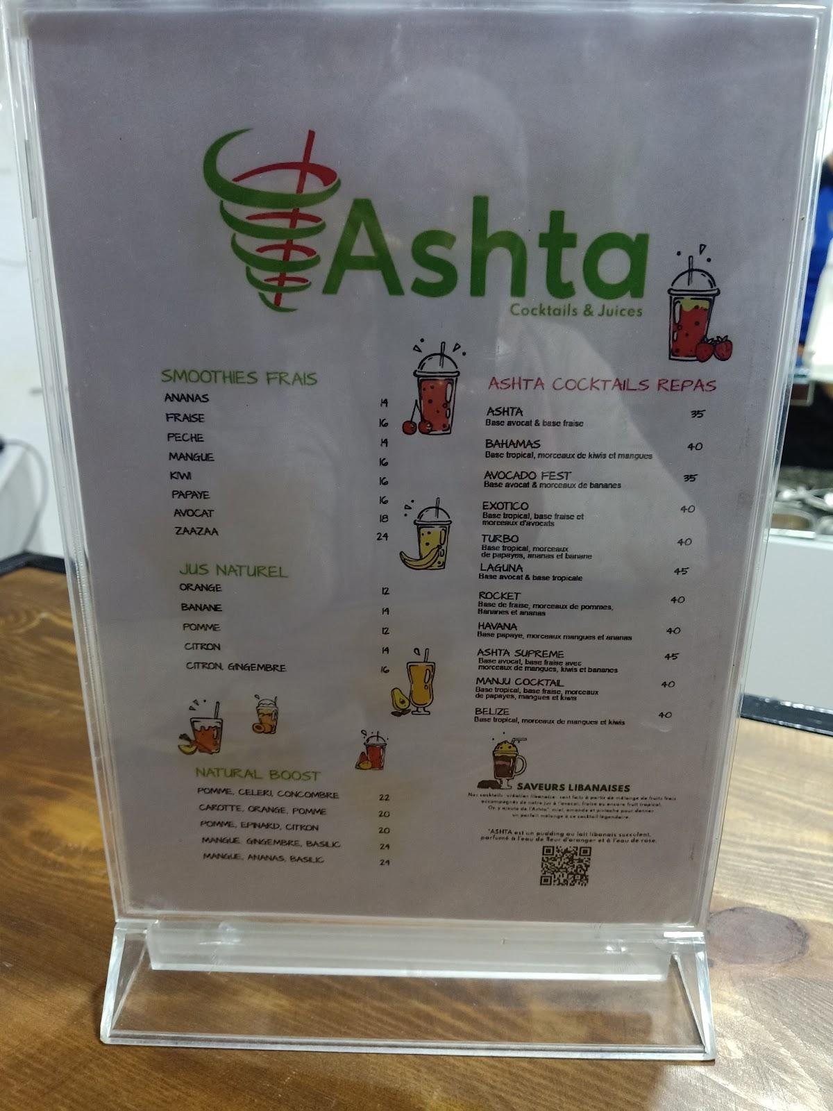 Menu au ASHTA COCKTAILS desserts, Casablanca