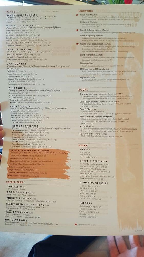 Menu at Bonefish Grill restaurant, Colorado Springs