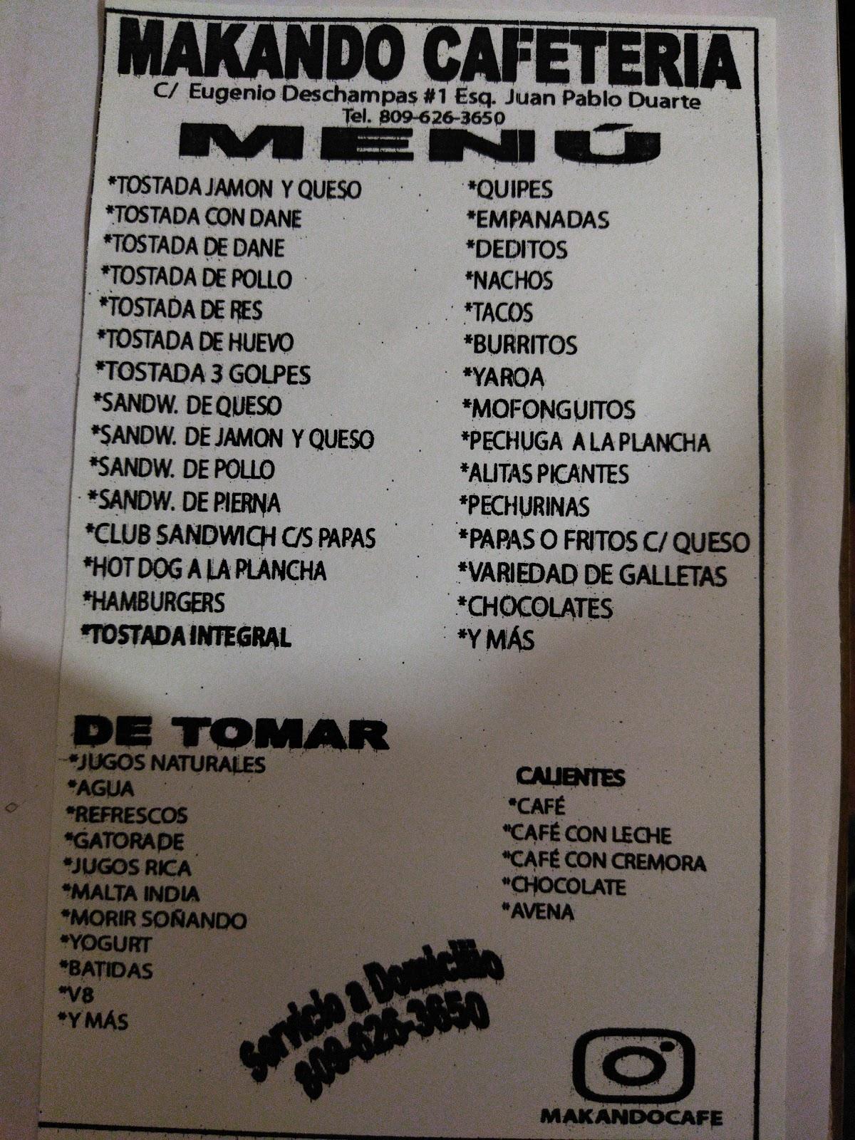 Menu at Cafetería Makando, Santiago De Los Caballeros