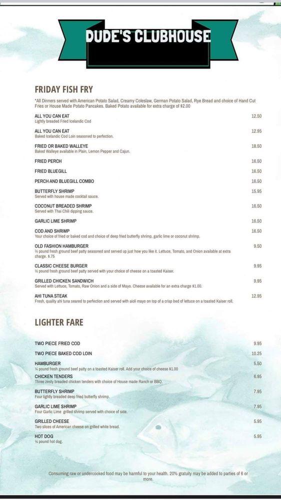 Menu at Dude's Clubhouse, Hartford
