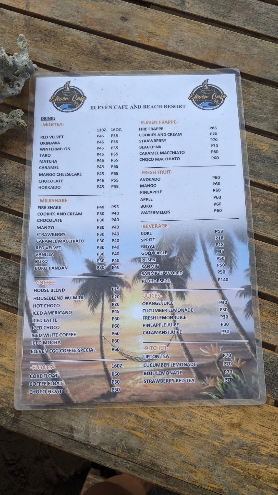 Menu at Eleven Cafe and Beach Resort, Pontevedra