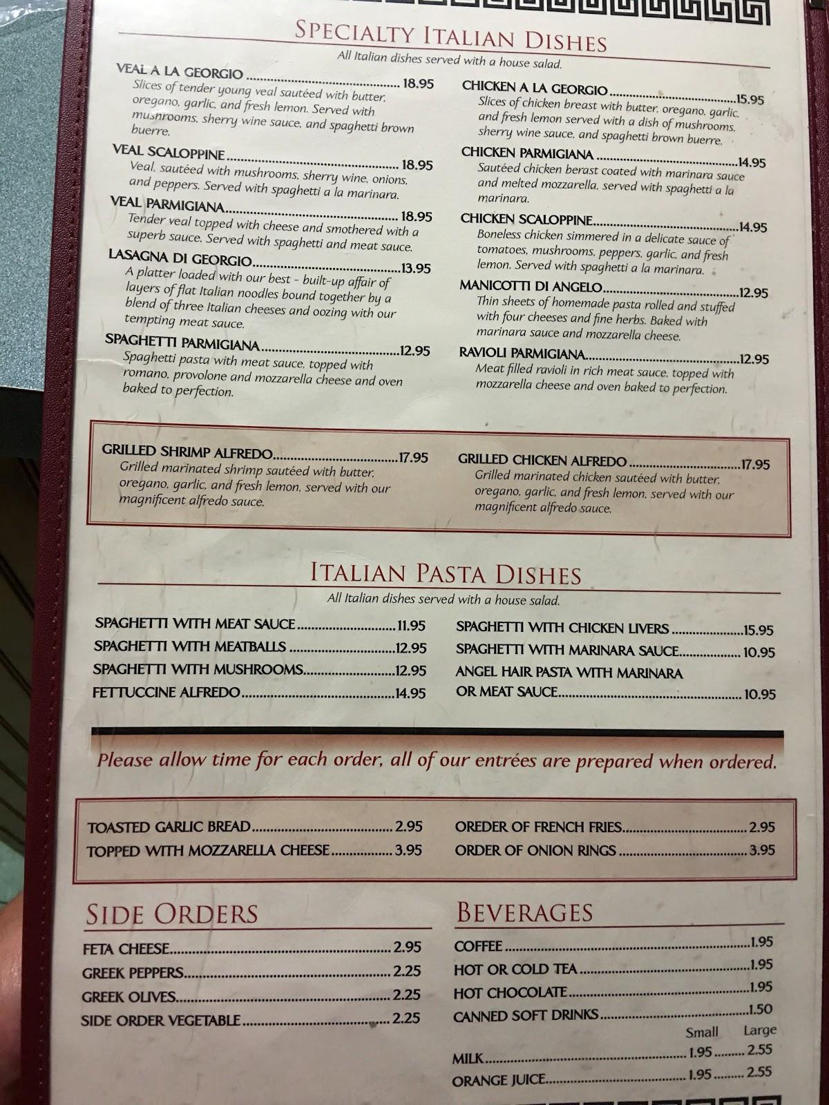 Menu at Georgio's restaurant, Cramerton