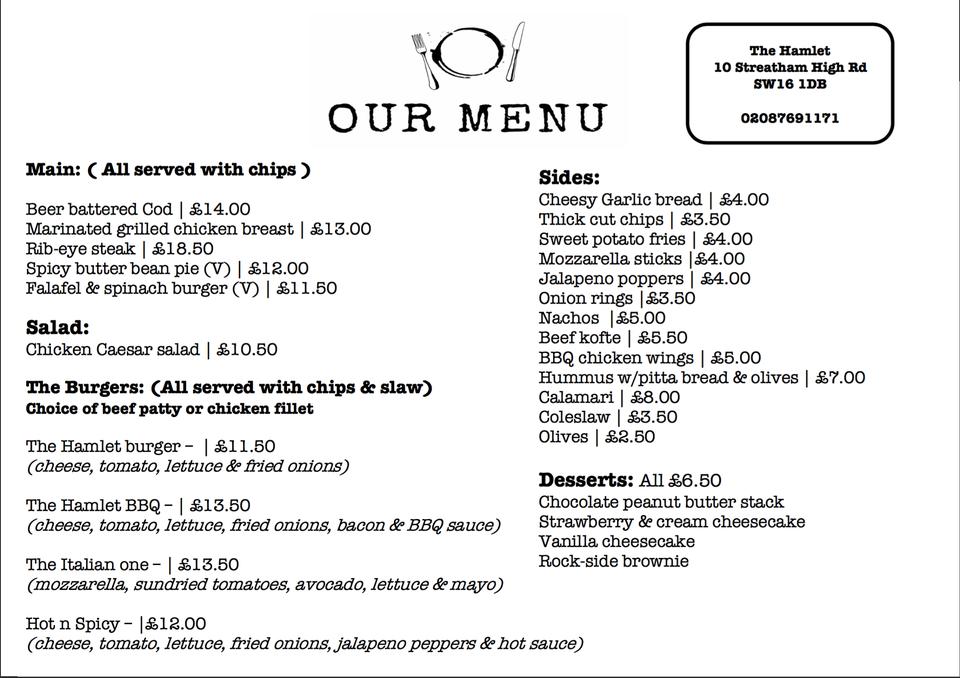Menu at Hamlet Bar Lounge & Restaurant, London