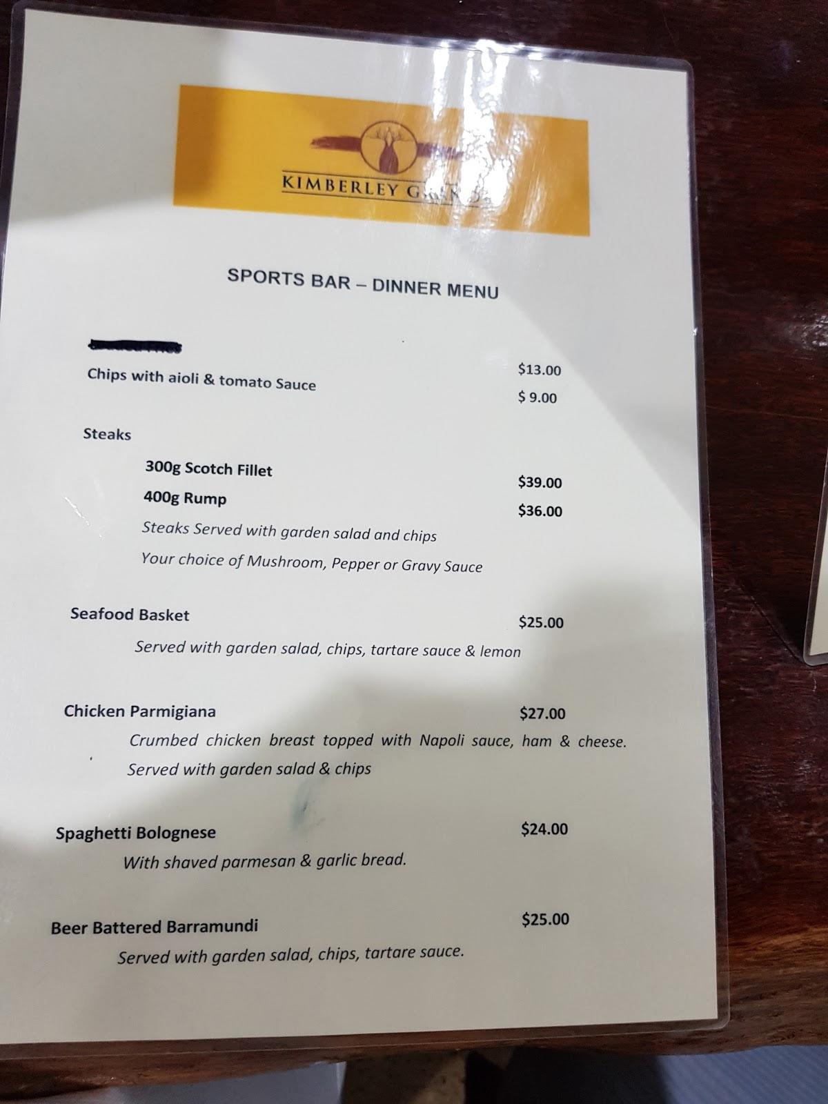 Menu at Kimberley Grande Sports Bar & Restaurant, Kununurra