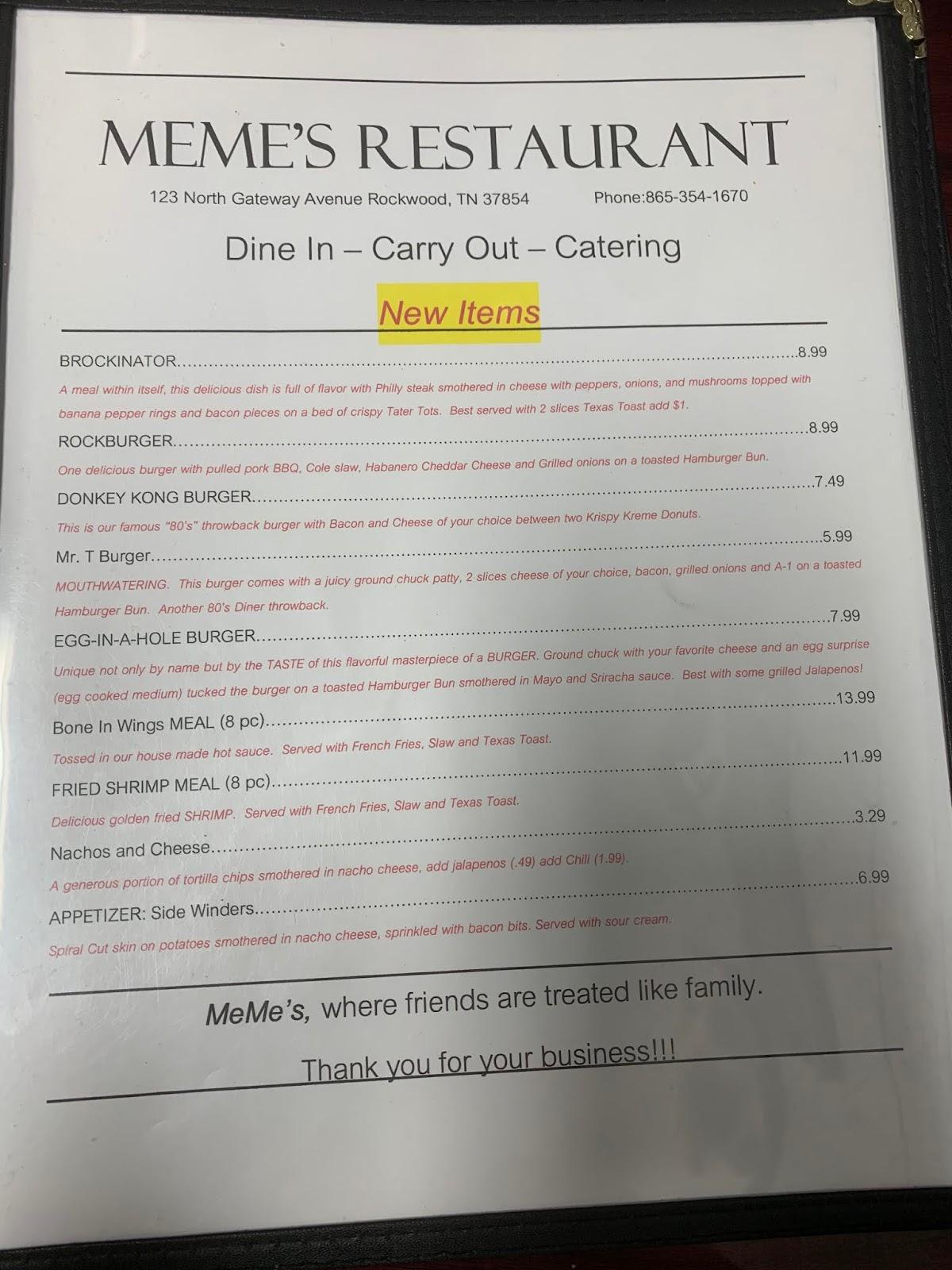Menu at MeMe's Restaurant, Rockwood