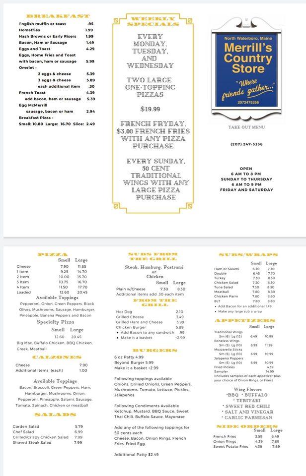Menu at Merrill's Country Store pizzeria, Waterboro