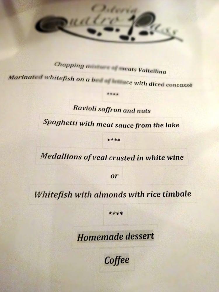 Menu at Osteria Quatro Pass restaurant, Varenna