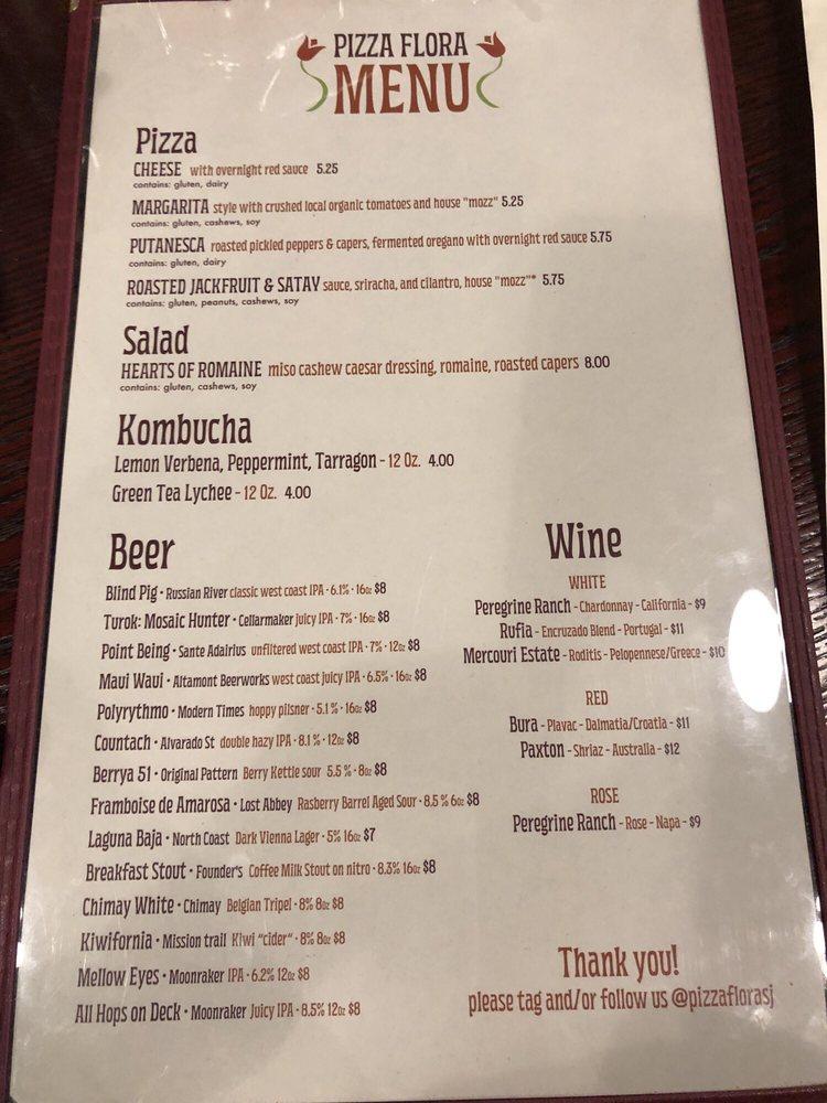 Menu at Pizza Flora pizzeria, San Jose