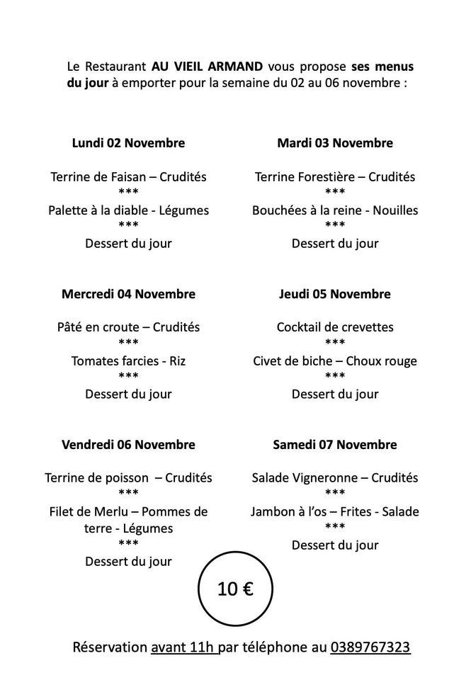 Menu au Restaurant du Vieil Armand, Berrwiller