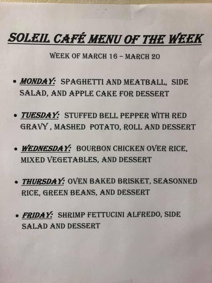 Menu at Soleil Cafe, Sulphur