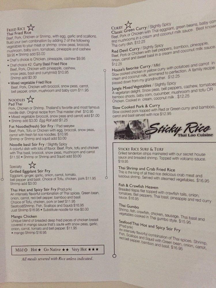 Menu at Sticky Rice Thai restaurant, Racine, 203 6th St