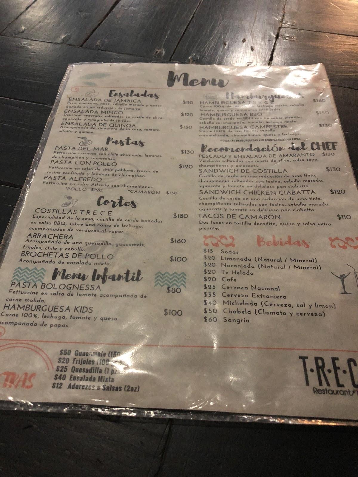 Menu at TRECE Restaurant, Tecate