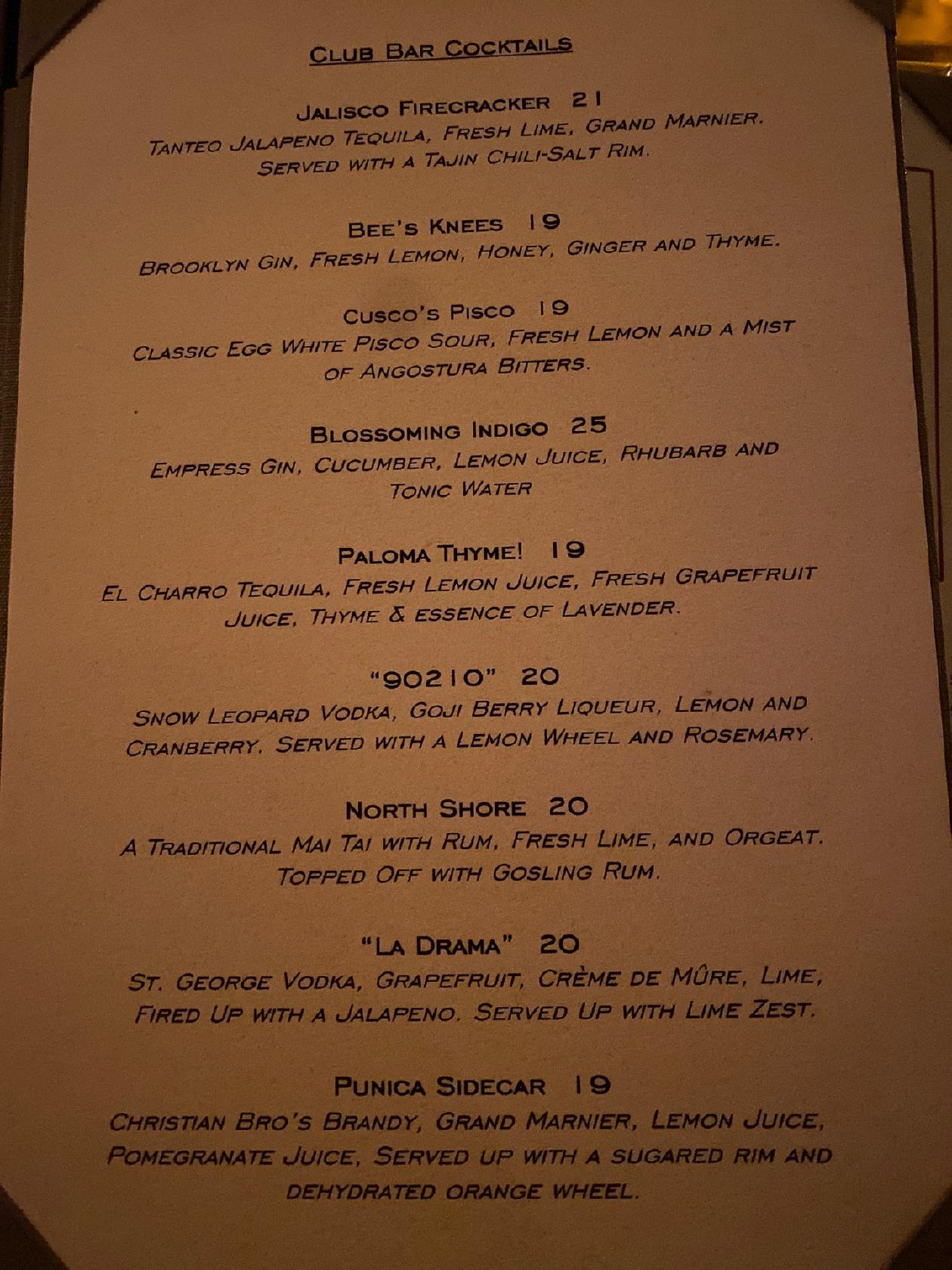 Menu at The Club Bar at The Peninsula, Beverly Hills, S Santa Monica Blvd