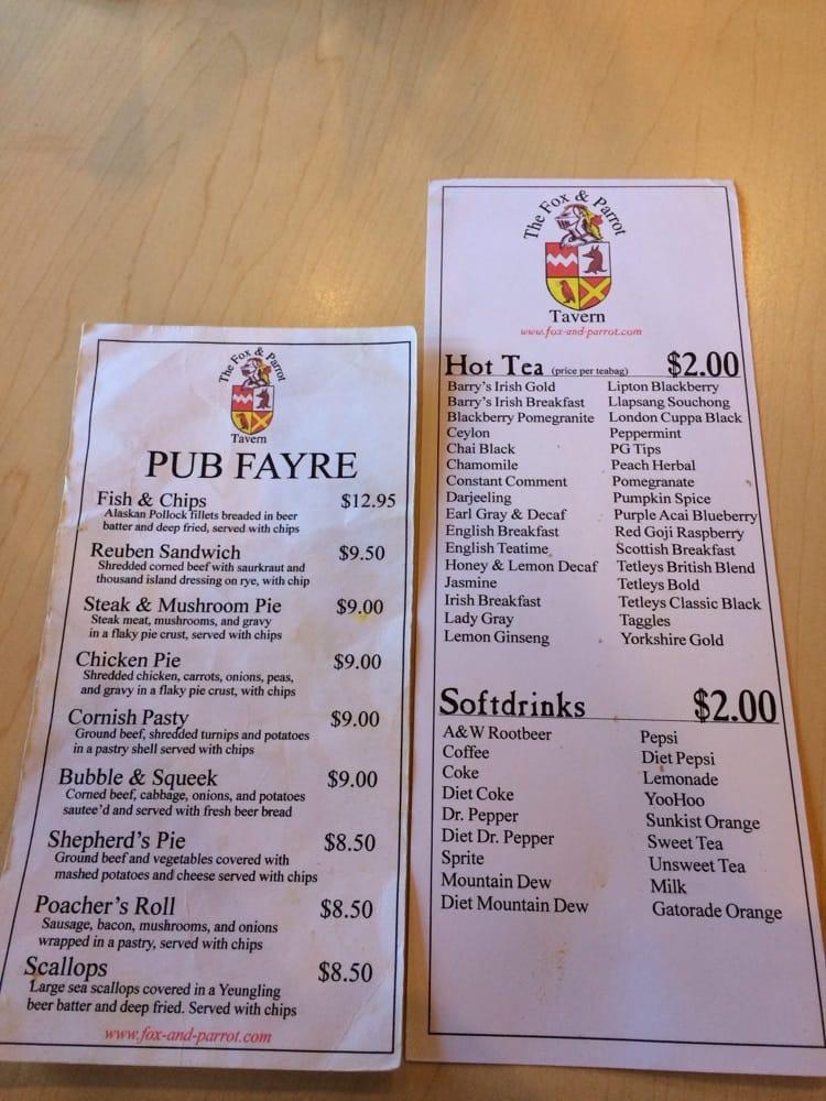 Menu at The Fox & Parrot Tavern pub & bar, Gatlinburg