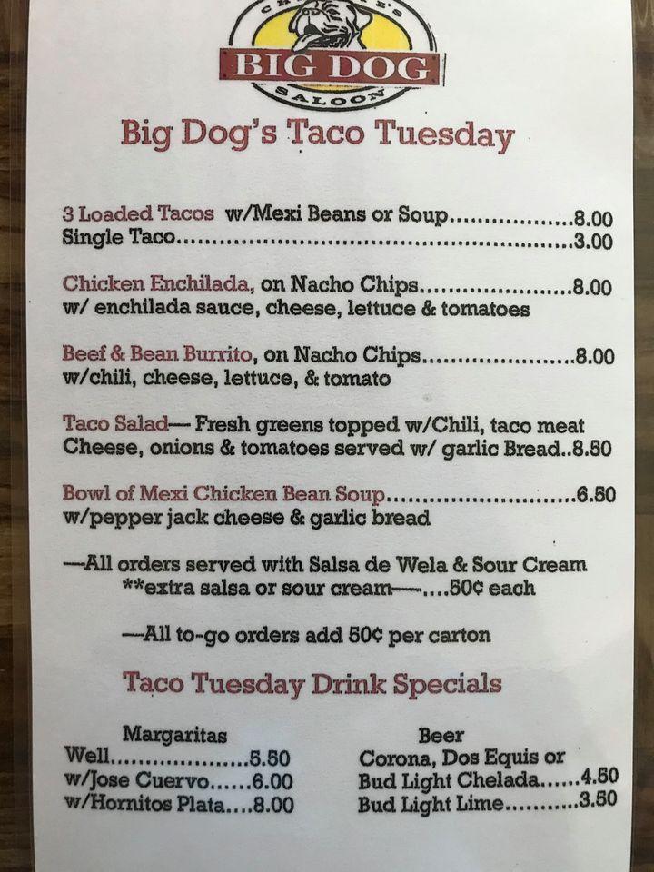 Menu at Big Dog Saloon pub & bar, Crooked River Ranch