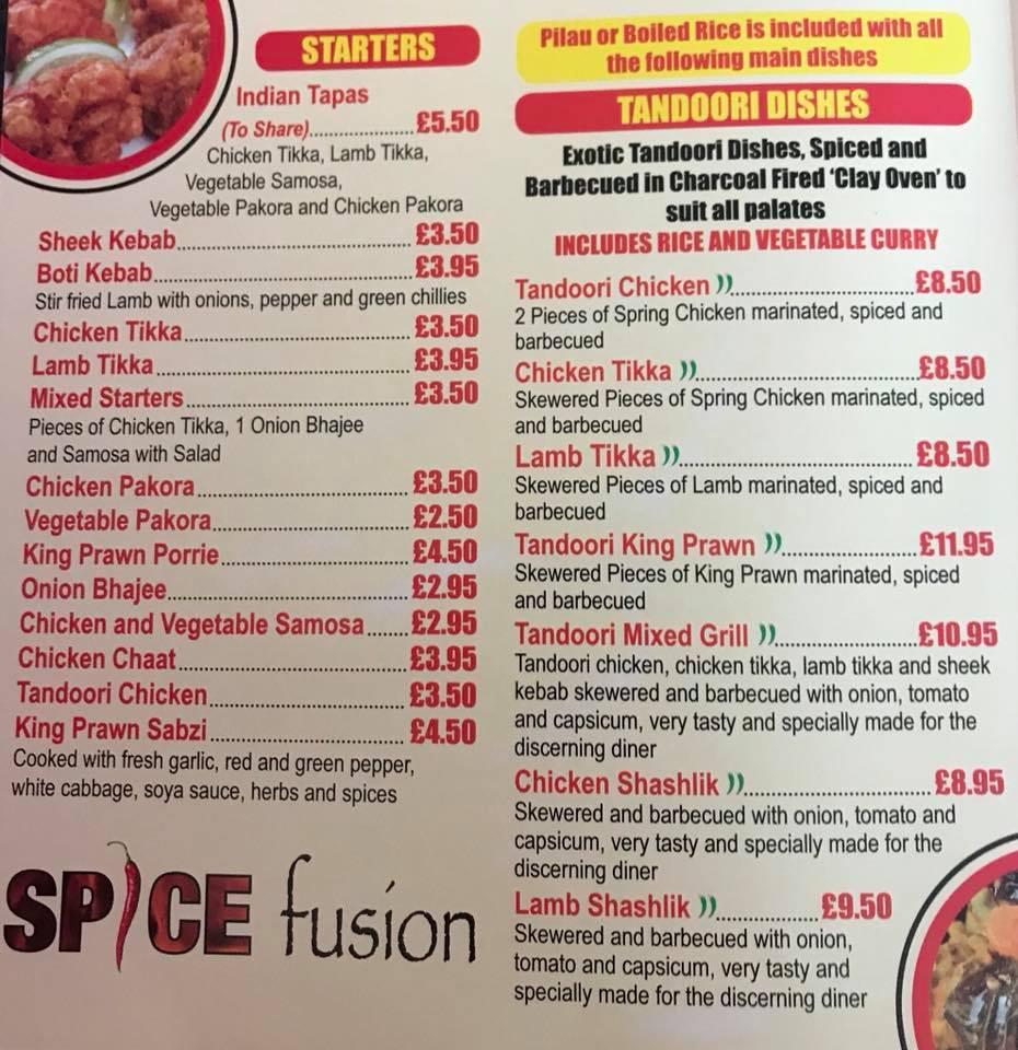 Menu at Spice Fusion fast food, Belfast