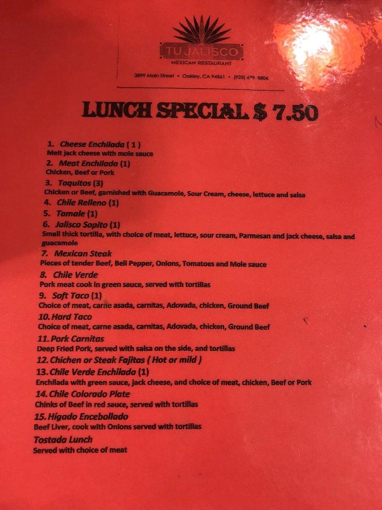 Menu at Tu Jalisco Mexican Restaurant, Oakley
