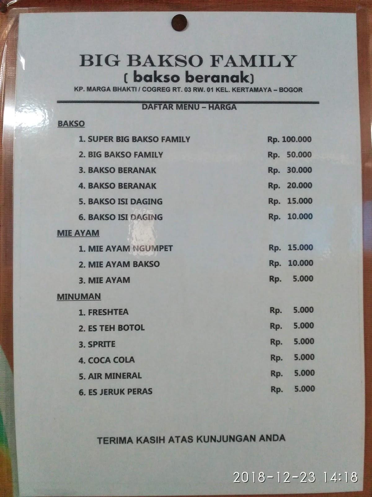 Menu at Big Bakso Family a.k.a Bakso Beranak restaurant, Bogor