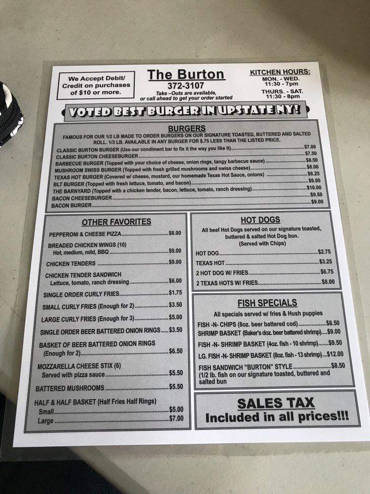 Menu at Burton Tavern pizzeria, Allegany