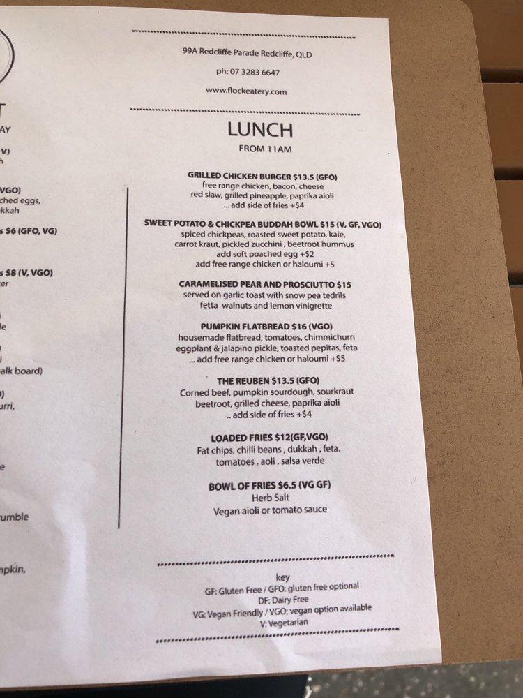 Menu at Flock cafe, Redcliffe