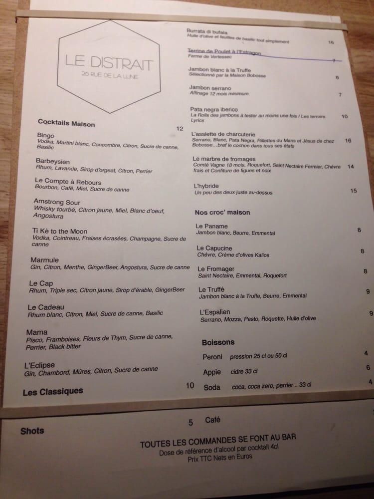 Menu at Le Distrait pub & bar, Paris