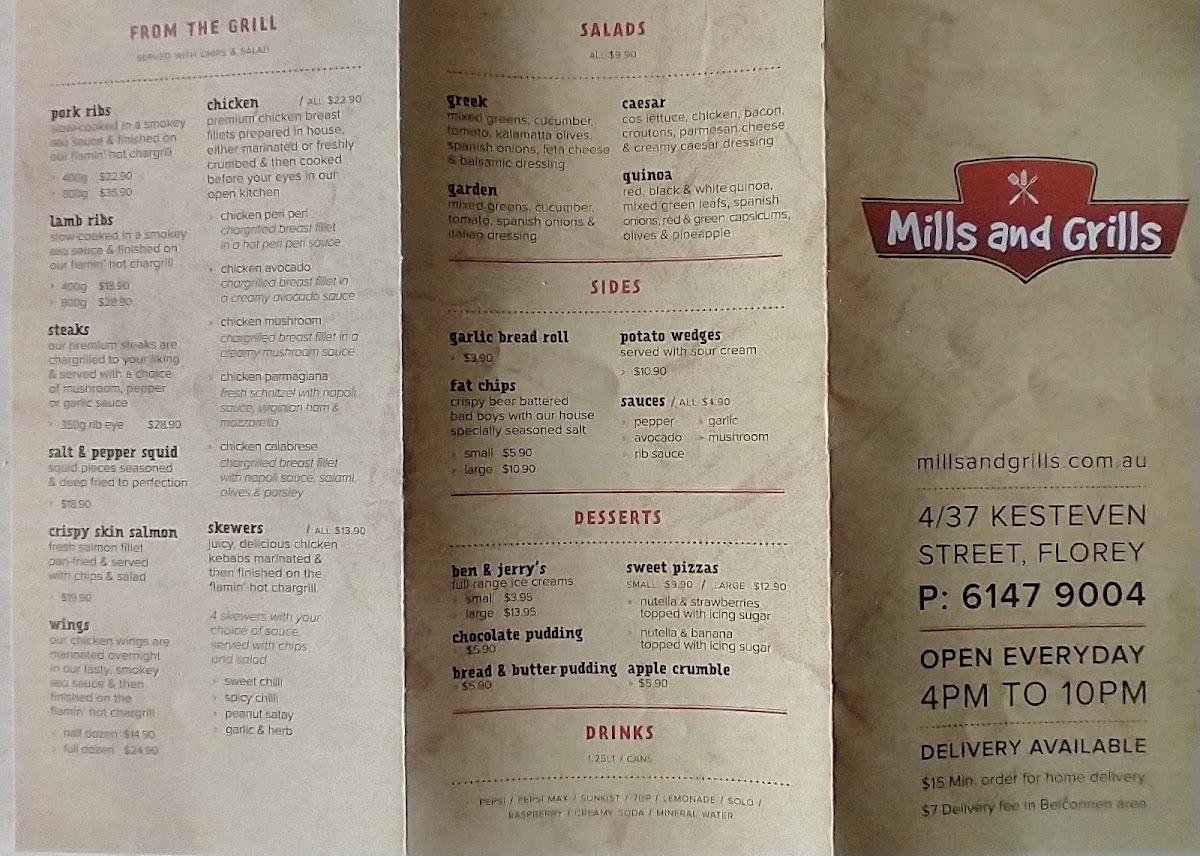 Menu at Mills and Grills pizzeria, Florey