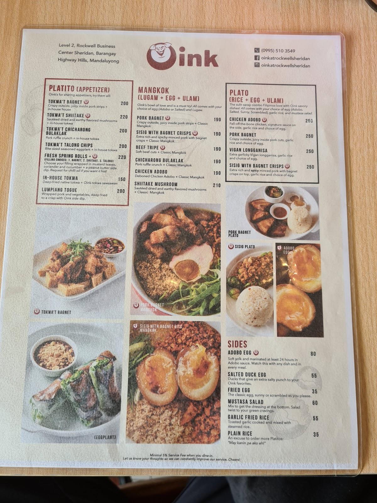 Menu at Oink at Rockwell Sheridan restaurant, Mandaluyong