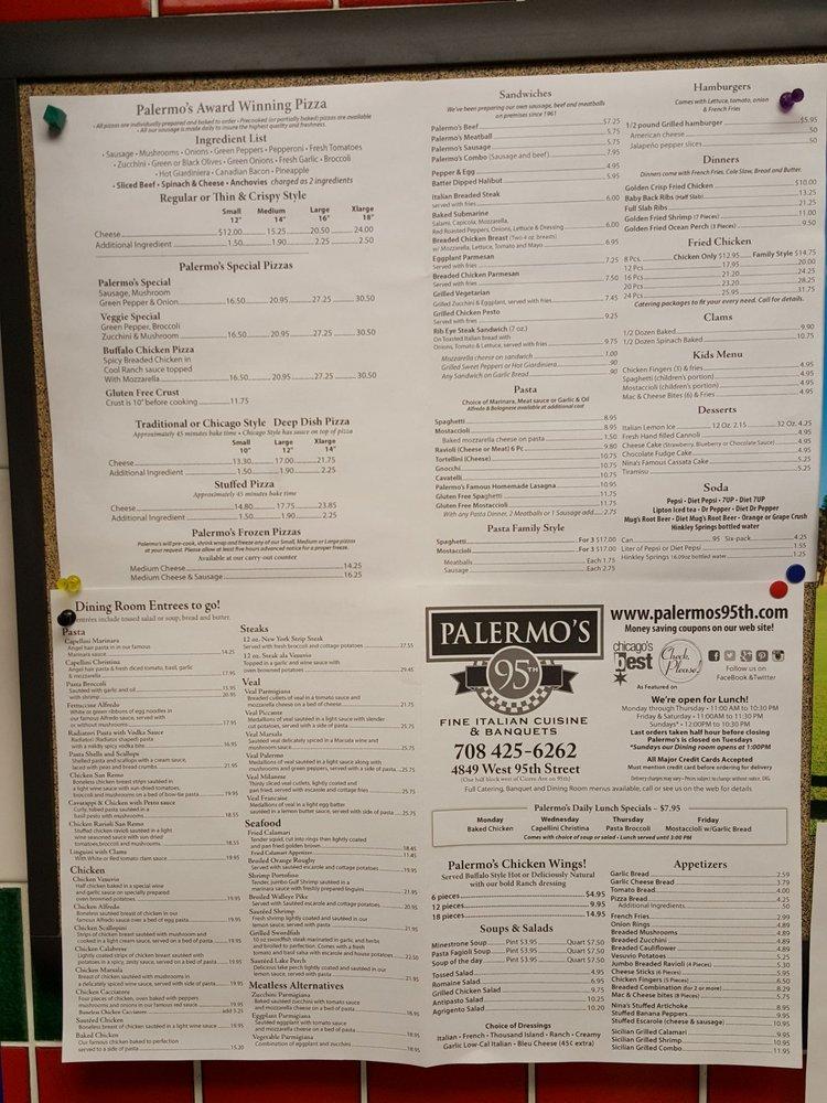 Menu at Palermo's 95th Italian Cuisine pizzeria, Oak Lawn, 95th St