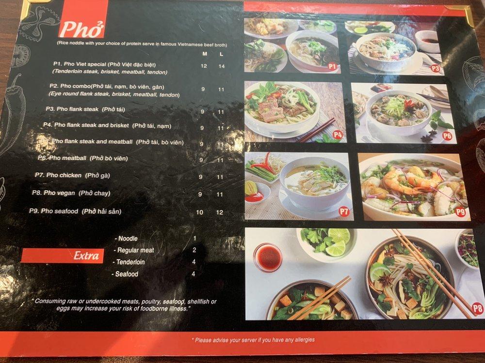Menu at Pho Viet restaurant, Dover
