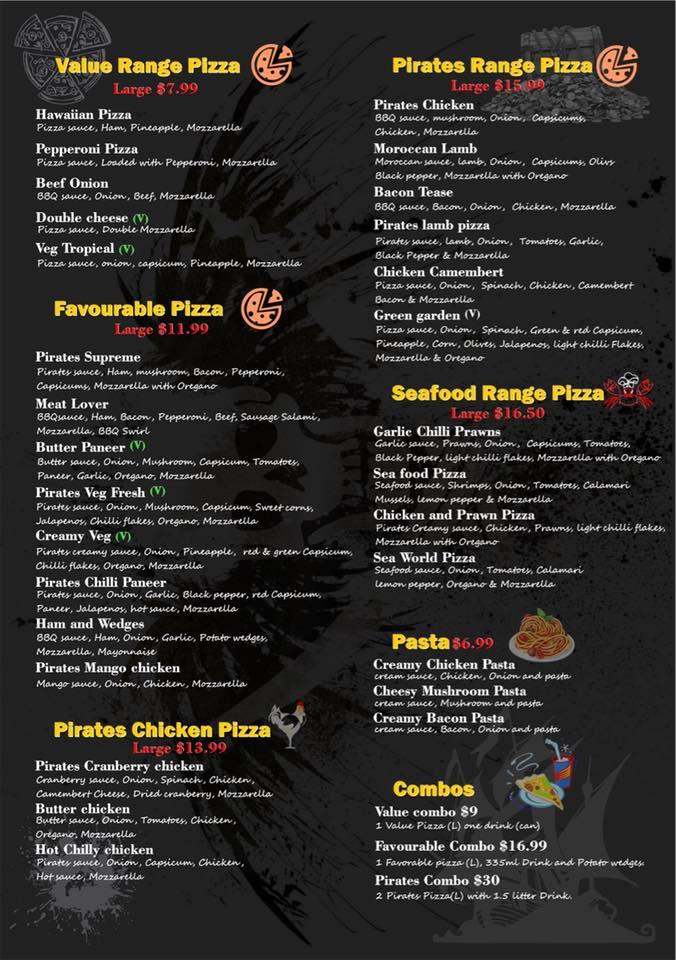 Menu at Pirate Pizza restaurant, Raglan