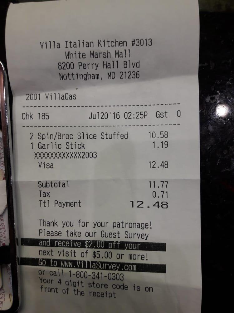 Menu at Villa Italian Kitchen pizzeria, Baltimore, Perry Hall Blvd #2450