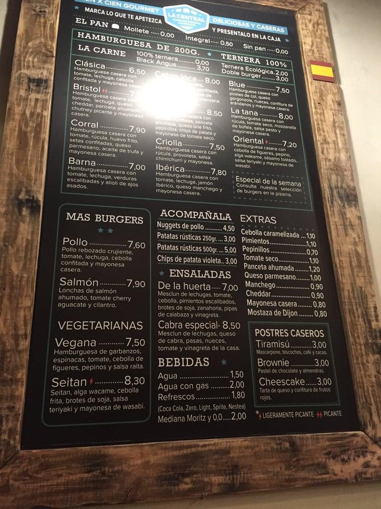 Carta del restaurante la central burger, Barcelona, Via Laietana 45