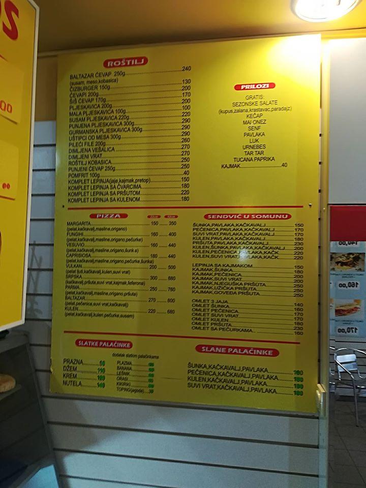 Menu at Baltazar restaurant, Sremčica, Tomasa Edisona 19