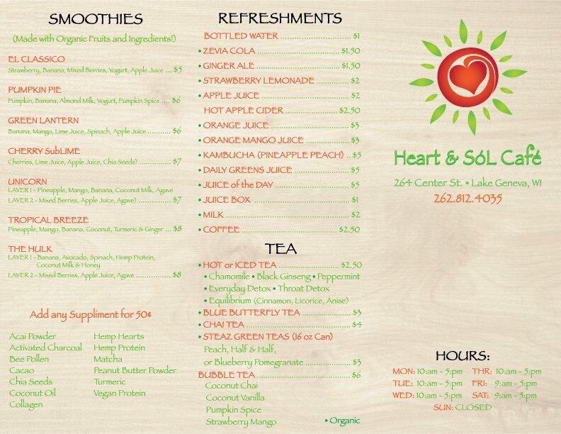 Menu at Heart & Sol Cafe, Lake Geneva